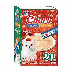 INABA Churu Cat Treats, Lickable, Squeezable Creamy Purée Cat Treat with Vitamin E, 0.5 Ounces Each Tube, 20 Tubes, Holiday Variety Pack