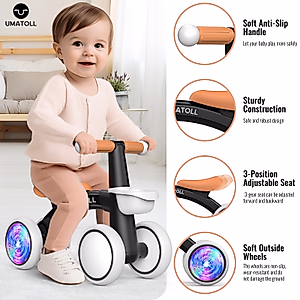 Umatoll Colorful Lighting Baby Balance Bike Toys for 1 Year Old Boys Gifts, Adjustable Seat Baby Walker, One Year Old Boy Birthday Gifts, 12-24 Months Toddler First Ride on Toys with Removable Basket