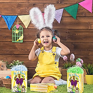 MIMIND 24 Pieces Easter Bunny Paper Gift Bags Inspiring He Is Risen Sign Candy Goodie Bags with Double Handles and Rayon Raffia for Easter Theme Bible Party Favors Egg Hunt Supplies
