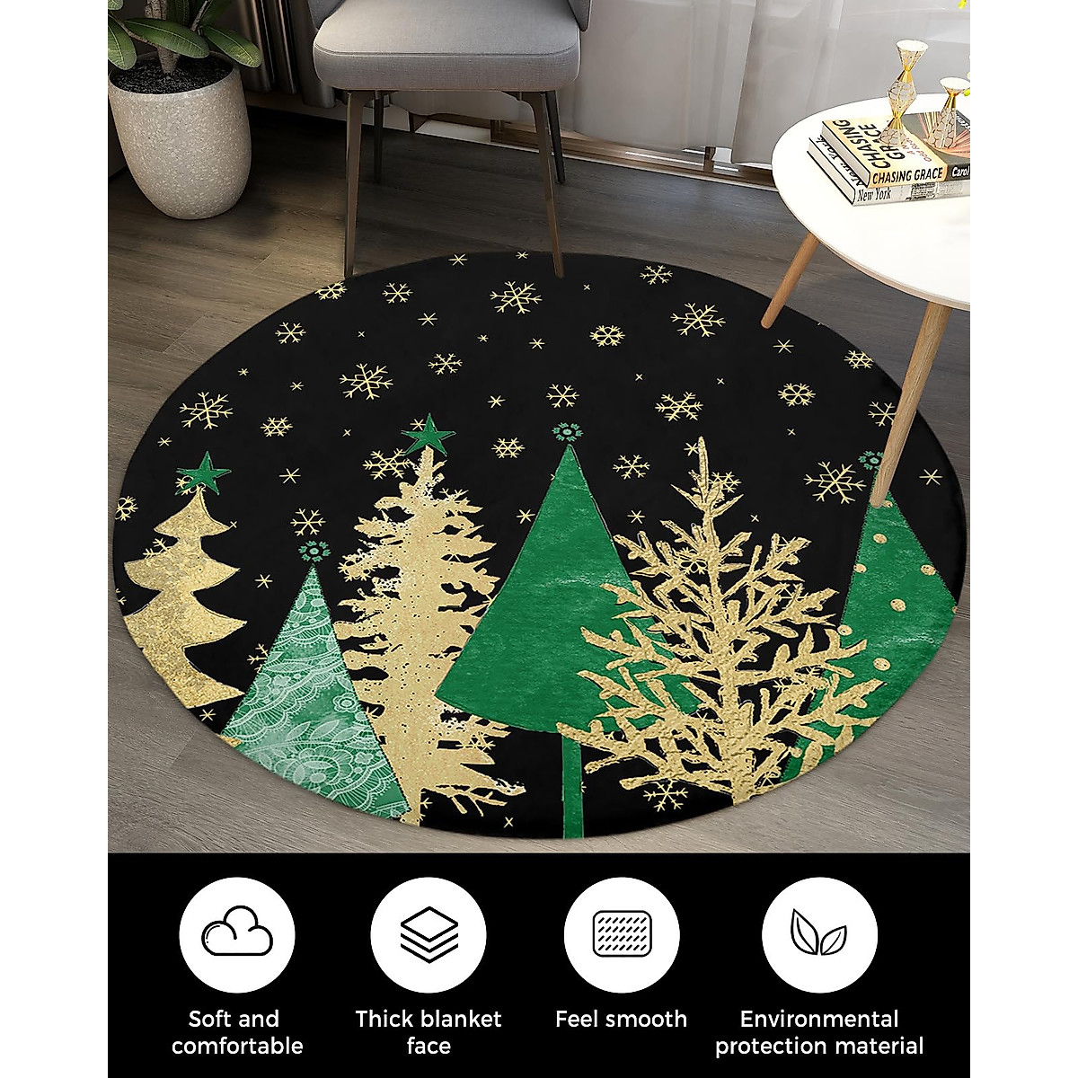 Christmas Black Fluffy Round Area Rug Carpets 3ft, Plush Shaggy Carpet Soft Circular Rugs, Non-Slip Fuzzy Accent Floor Mat for Living Room Bedroom Nursery Home Decor Xmas Tree Geometric Green Gold