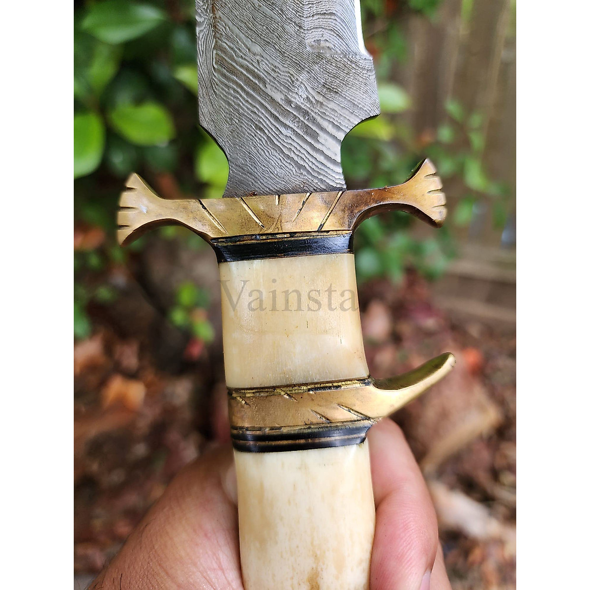 Vainsta Fixed Blade Knife with Sheath 15 Inch Handmade Custom Damascus Hunting Knife, Hand Forged Classic Bowie Knife with Camel Bone Handle for Firm Grip, white