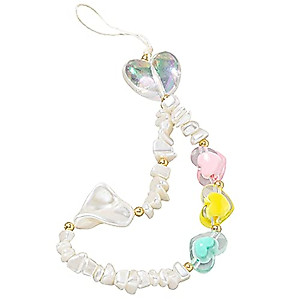 Mobile Phone Lanyard Pearl Beaded Phone Chain Transparent Heart Decor Phone Charm Universal Phone Lanyard Wrist Strap Anti Lost Phone Charm Strap Keychain Wallet Decoration Pendant for Women Girls