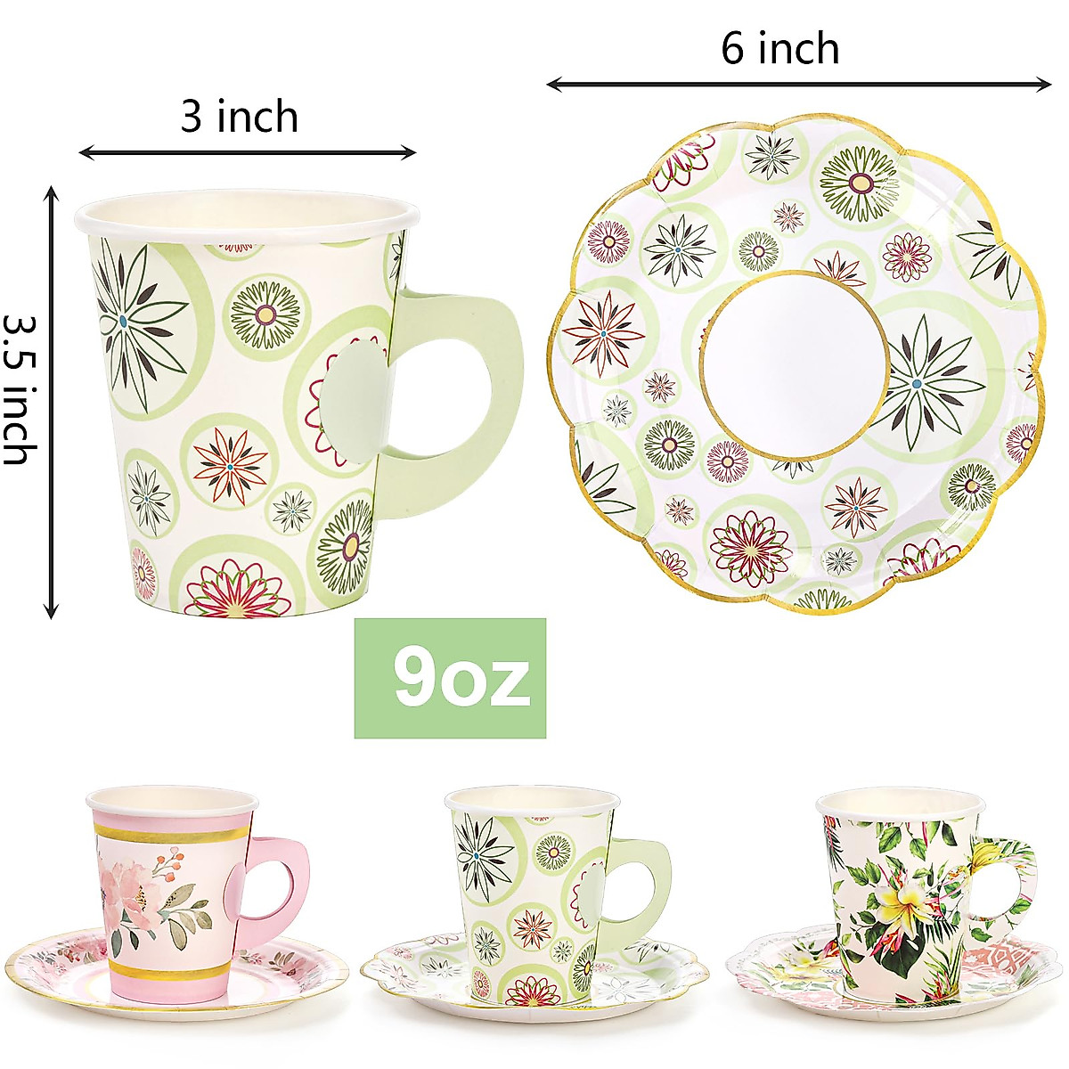 Yarlung 96 Pcs Paper Tea Cups and Plates, Disposable 9oz Teacups with Handle 6 Inch Saucers Sets for Tea Party Decorations, Mother's Day, Birthday Favors, Floral 3 Designs