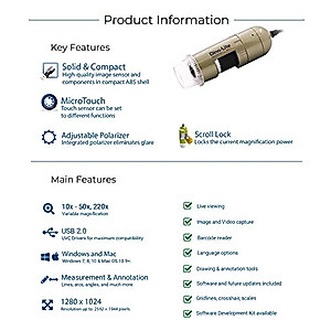 Dino-Lite USB Digital Microscope AM4113ZT - 1.3MP, 10x - 50x, 220x Optical Magnification, Measurement, Polarized Light