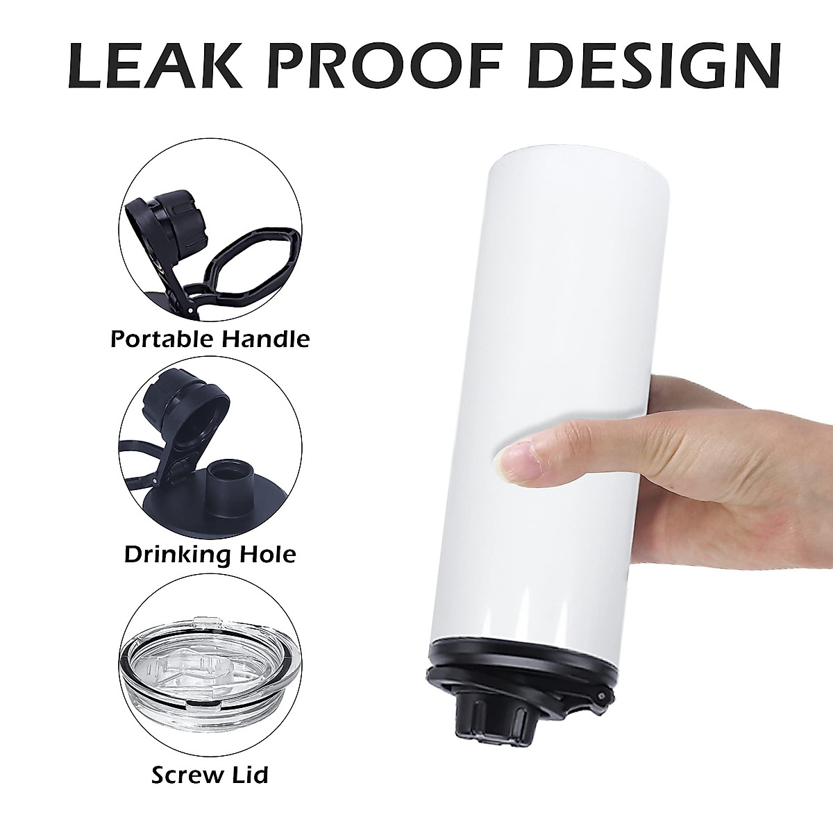 AGH 4 Pack Sublimation Sports Water Bottle Blanks 20 oz Sublimation Water Bottles Tumblers Double Wall Stainless Steel Vacuum Flask With Straw and Portable Handle for Sport Outdoor Travel, White