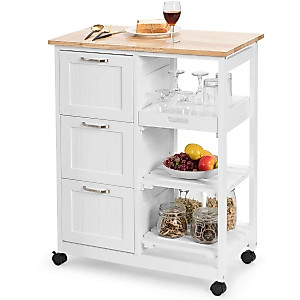 Giantex Kitchen Island Cart, Home Bar Serving Cart, Kitchen Trolley with 3 Large Drawers, Storage Shelf and 3 Tier Shelves, Rolling Storage Cabinet, Mobile Cart (White)