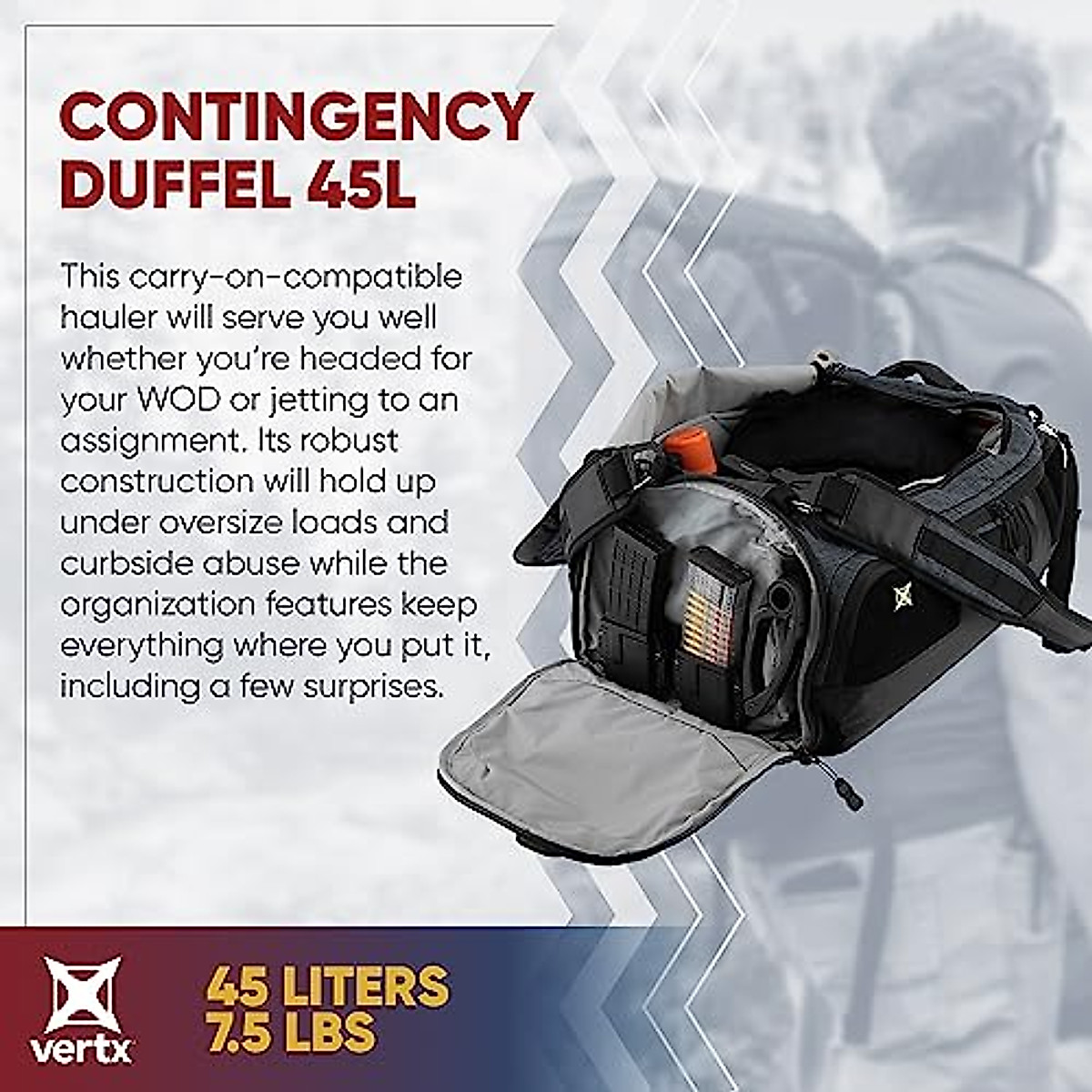 Vertx 45L Contingency Tactical Duffle Bag, Travel Luggage Compatible with Vertx Tactigami for Survival EDC Gear, Gun Range, CCW Concealed Carry, Hunting, Heather Black/Galaxy Black, One Size