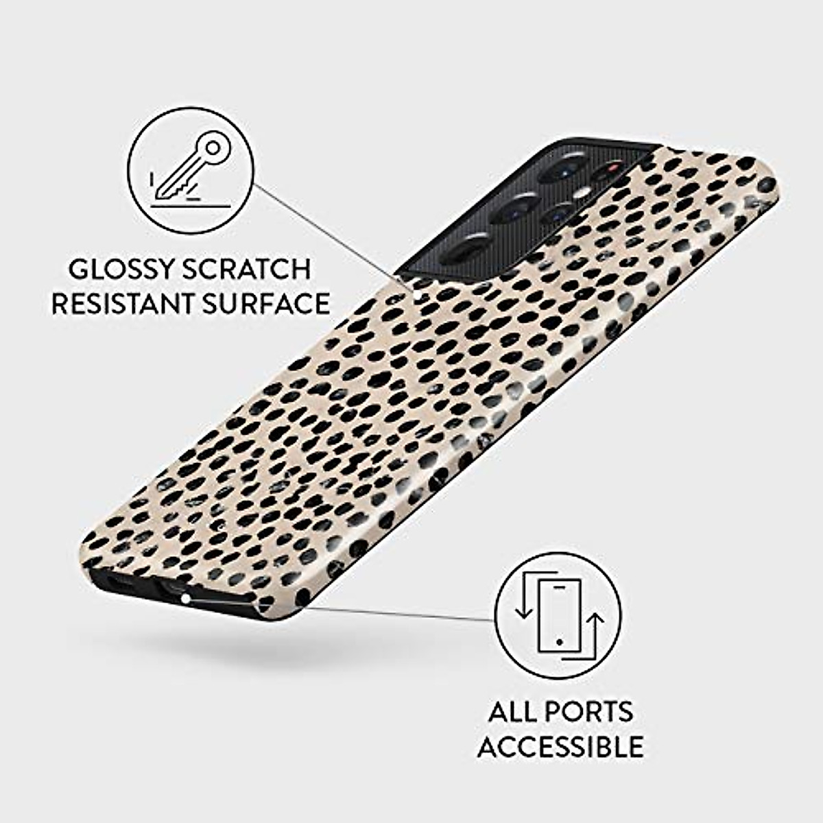 BURGA Phone Case Compatible with Samsung Galaxy S21 Ultra - Hybrid 2-Layer Hard Shell + Silicone Protective Case -Black Polka Dots Pattern Nude Almond Latte - Scratch-Resistant Shockproof Cover
