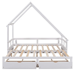 LEEKOUS STERXONE Best Wooden Daybed with Trundle Bed and Two Storage Drawers, Elegant Daybed Frame Can be Extendable from Twin to King Size, Kids House Bed Sofa Bed for Living Room Bedroom (White)