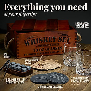 Mixology & Craft Whiskey Stones Gift Set for Men - 2 Glasses, 8 Chilling Rocks & Wooden Box - Whiskey Glass Gift Sets - Jameson Brown