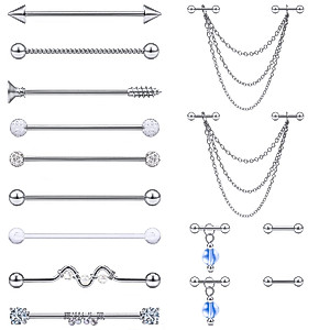 Dyknasz 14G Stainless Steel Industrial Earrings with Chain Dangle Industrial Piercing Jewelry Double Cartilage Forward Helix Earring Industrial Barbell for Women Men