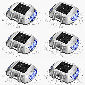 JIGUOOR Solar Deck Lights LED Driveway Lights Solar Powered Dock Light Outdoor IP68 Waterproof Road Markers for Step Sidewalk Stair Boat Garden Ground Pathway Yard (Blue, 6 Pack)