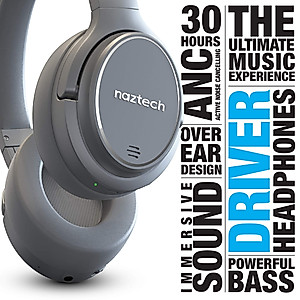 Naztech Driver ANC 1000 Active Noise Cancelling Bluetooth Wireless Headphones w/4 Mic's, Comfortable Over-Ear Design, Up to 50H Playtime for TV, Online Class, Home Office, Travel & More (Silver) 15137