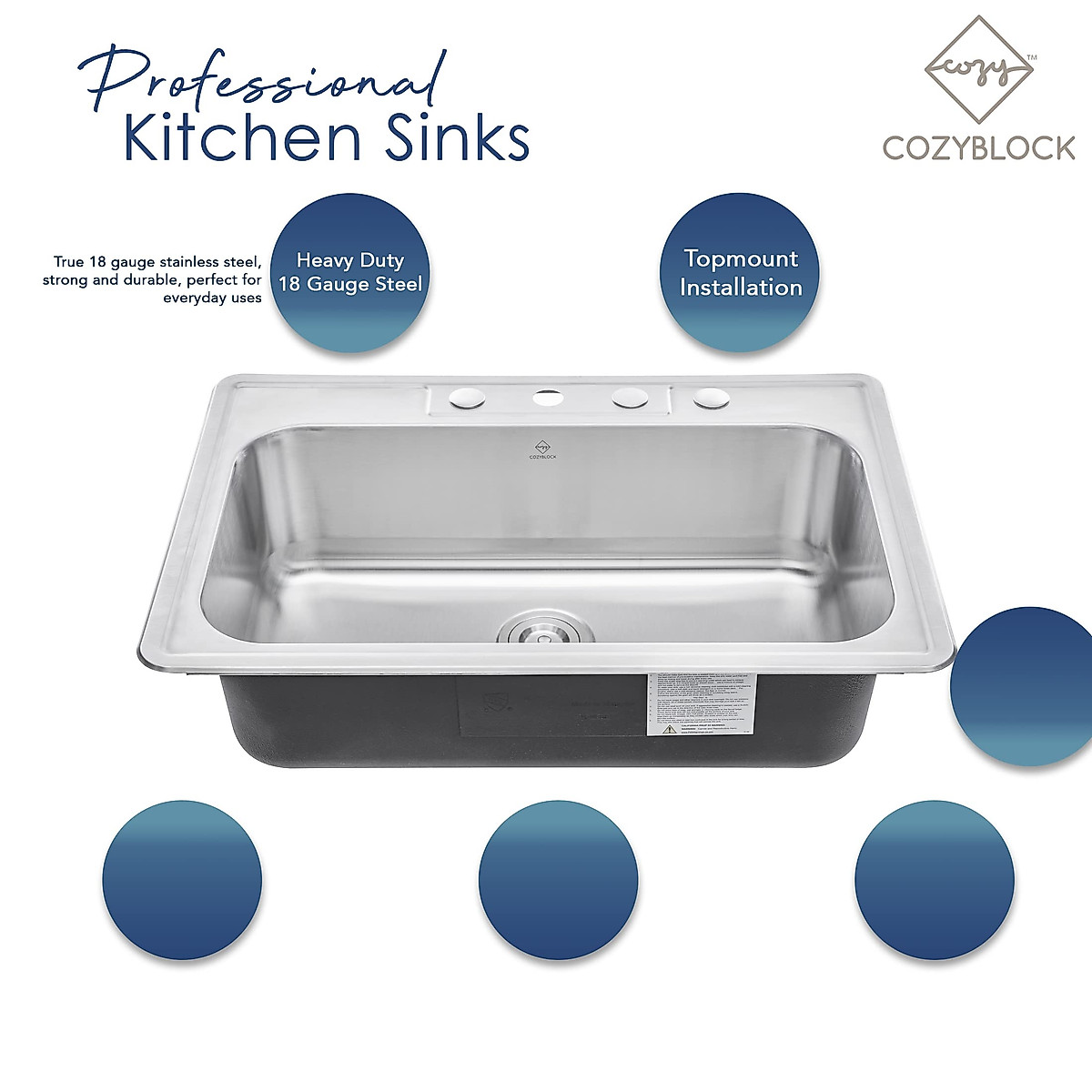 CozyBlock 33 x 22 x 9 Inch 60/40 Offset Top-mount/Drop-in Stainless Steel Double Bowl Kitchen Sink with Strainer and Protective Bottom Grid - 18 Gauge Stainless Steel-3 Faucet Hole