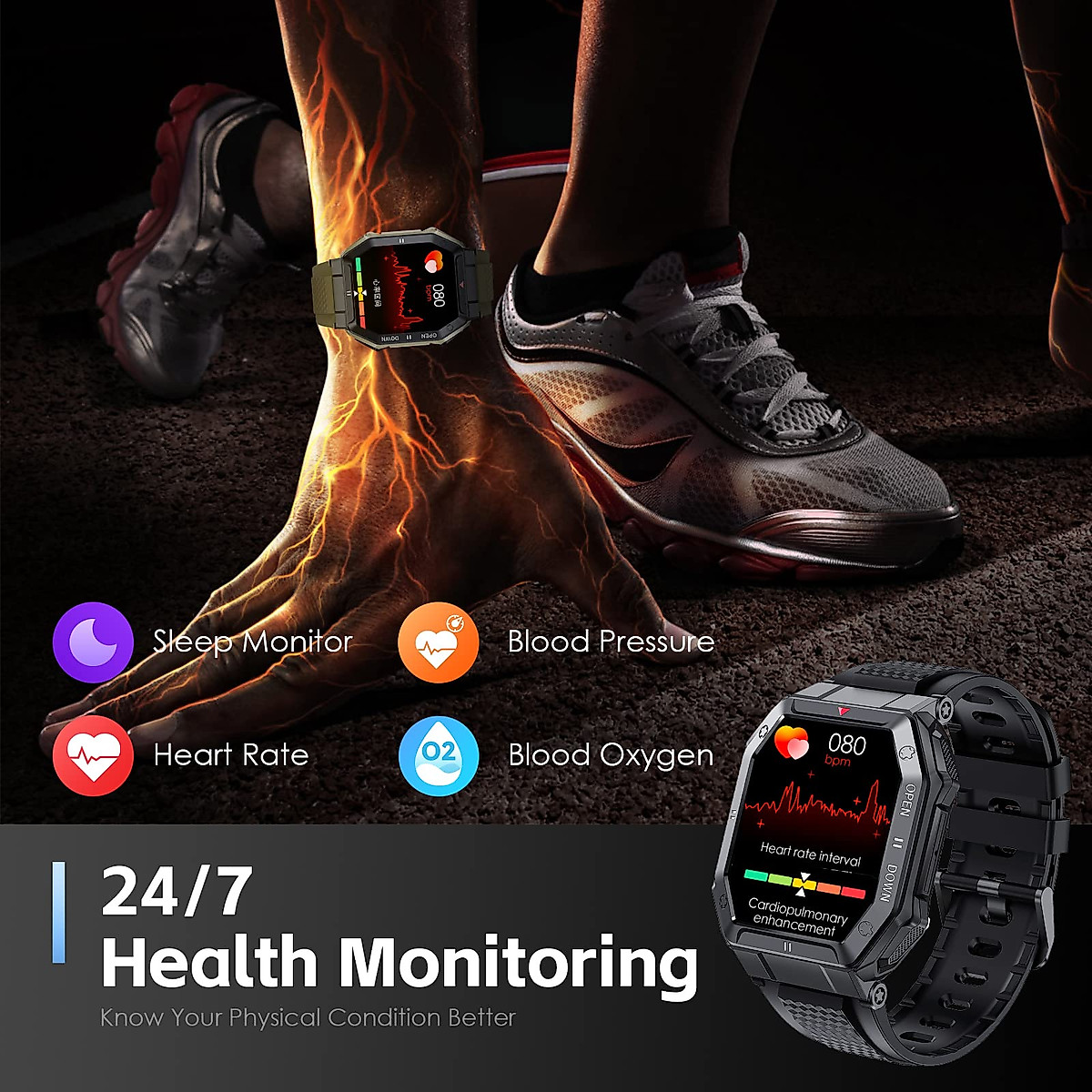 XAXRE Military Smart Watch for Men (Answer/Make Call) 1.85” Outdoor Tactical Sports Smartwatch IP67 Waterproof Rugged Fitness Tracker Heart Rate Sleep Monitor Compatible with iPhone Android