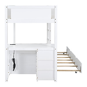 Harper & Bright Designs Twin Over Twin Bunk Bed with Trundle, Desk and Storage Drawers, Wood Bunk Bed Frame for Kids Teens Adults, White