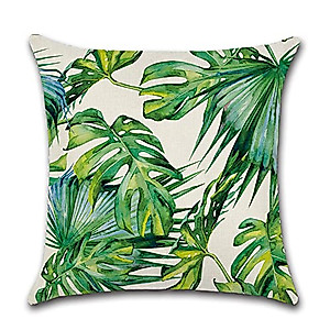 OTOSTAR Outdoor Waterproof Linen Throw Pillow Covers 18x18 Inch Square Pillow Covers Set of 4 Tropical Green Leaves Decorative Cushion Covers for Couch Sofa Tent Garden Patio