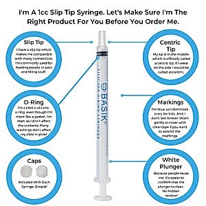 BASIK Silicone O Ring 1cc Feeding Syringe 10/Pack Caps Included Individually Wrapped For Hand Feeding Small Animals And Measurements
