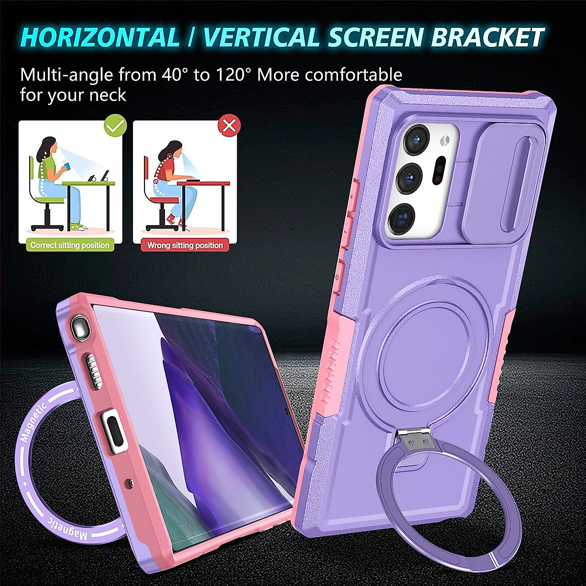 FRLMOOES Magnetic for Samsung Galaxy Note 20 Ultra Case Compatible with MagSafe & Wireless Charging Grade Drop Protection with Invisible Stand&Camera Protection,with Screen Protector Shockproof Purple