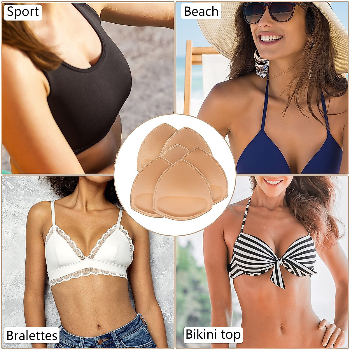 Geyoga 9 Pairs Women Bra Pads Inserts Triangle Sports Bra Pad Removable Bra Cup Inserts (Black, White, Skin Tone)