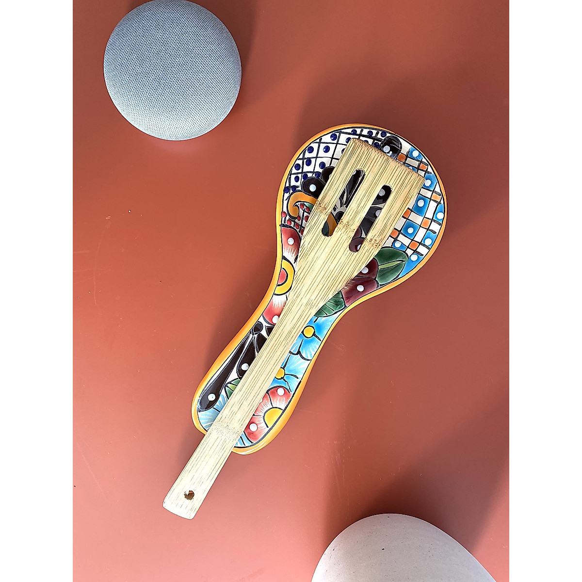 Colorful Ceramic Spoon Rest – Hand-Painted Large Talavera Kitchen Utensil Holder for Counter & Stove Top in Gift Box - Dishwasher Safe Lead Free Cooking Ladle Dish Mexican Style Cuchara Multicolor