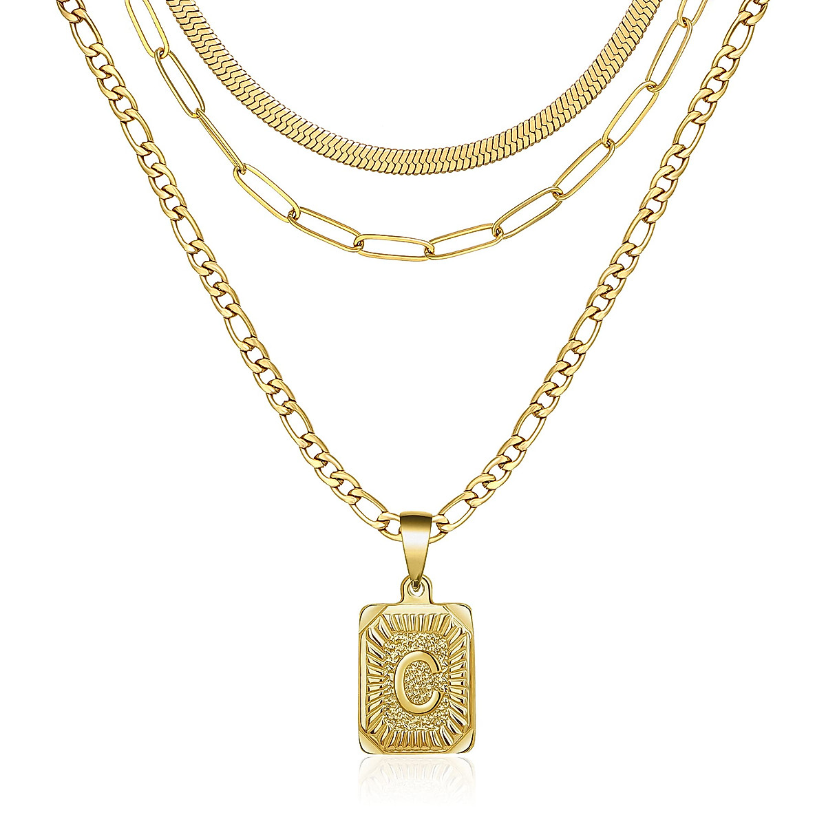 JoycuFF Gold Necklaces for Women Stainless Steel Figaro Chain Layers Necklaces for Women Mother's Day Gift for Mom from Daughter Son Snake Paperclip Chain Letter C