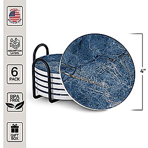 Emerson 100% Ceramic Coasters for Drinks Absorbent – Coffee Table Set of 6 with Holder, Wooden Tabletop Protection Marble Style - 4” Inch Non-Slip & Cork Bottom - Heavy Duty Drink Coasters (Ocean)