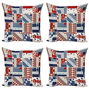 Lunarable Country Throw Pillow Cushion Case Pack of 4, Country Featured Mix Scottish Alternating Houndstooth and Retro Polka Dot Patterns, Modern Accent Double-Sided Digital Printing, 18", Blue Red