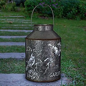 Exhart Solar “Garden” Cute Pail Lantern, Outdoor LED Garden Light, Durable Stamped Metal, 7.5”X11.5”