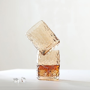 Whiskey Glasses Set 4, Amber Colored Rocks Glasses, 9 oz Old Fashioned Glass for Whisky, Scotch, Bourbon, Rum and Cocktail, Unique Gift for Wedding, Birthday and Anniversary, Lowball Drinking Glasses