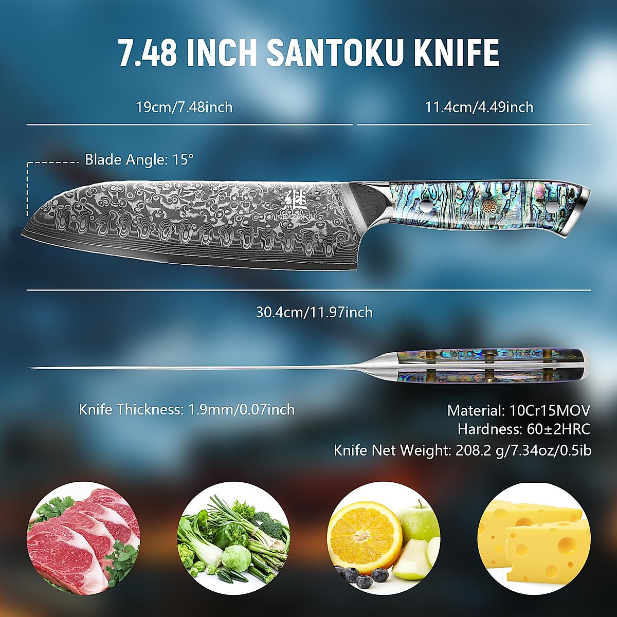 KEIZOKU Damascus Steel Santoku Knife 7 Inch, Japanese Professional 10Cr15MOV Blade with Hand Forged Hammer Pattern, Ultra Sharp Kitchen Knife with Abalone Shell Ergonomic Handle