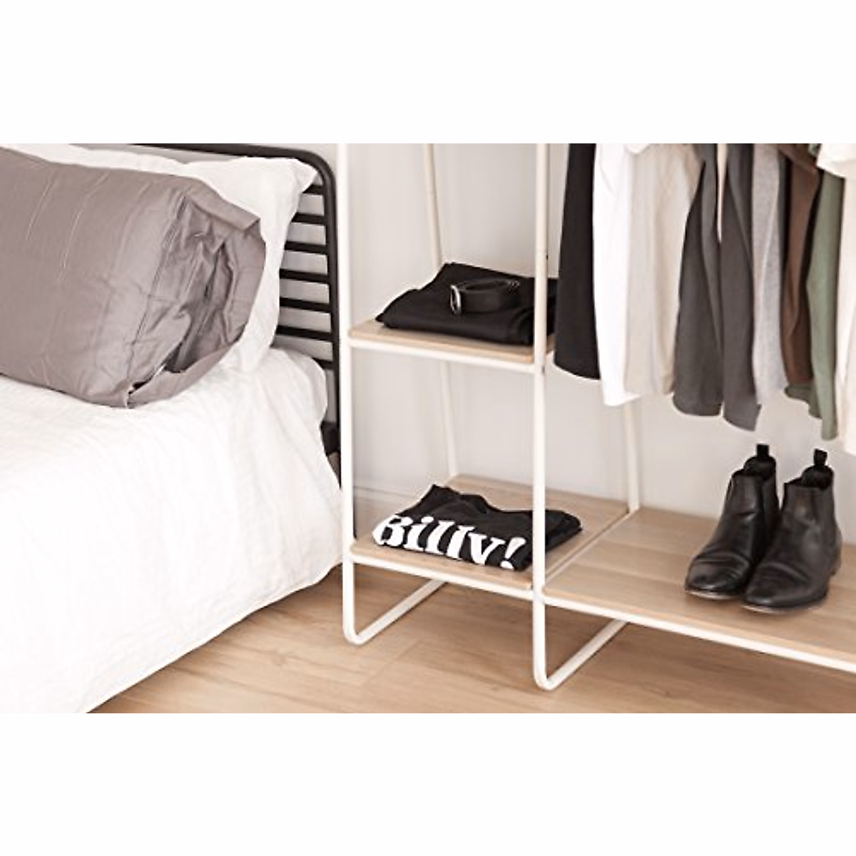 IRIS USA Clothing Rack, Clothes Rack with 4 Wood Shelves, Freestanding Clothing Rack, Easy to Assemble Garment Rack, Standing Metal Sturdy Clothing Rack, Small Space Storage Solution, White