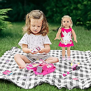 UNICORN ELEMENT 15Pcs 18 Inch Girl Doll Clothes and Accessories, Travel Suitcase with Unicorn Luggage Play Set Including Suitcase, Schoolbag, U-Shaped Pillow, Glasses, Camera, etc (Not Doll)