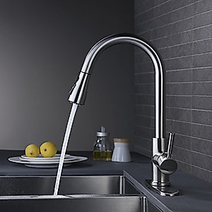 WEWE Single Handle High Arc Brushed Nickel Pull Out Kitchen Faucet,Single Level Stainless Steel Kitchen Sink Faucets with Pull Down Sprayer