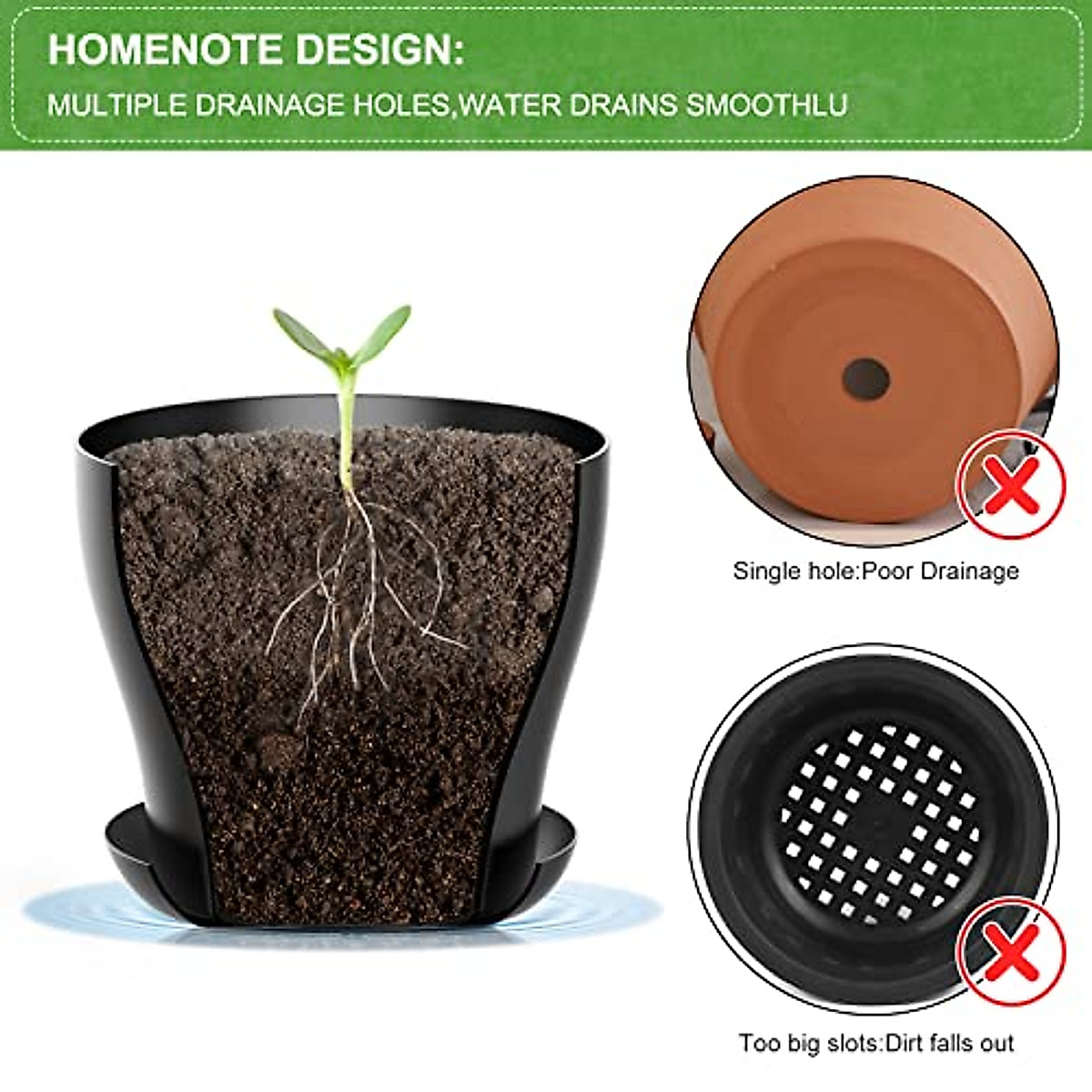 Whonline 20pcs 6.6 Inch Plastic Flowers Pots for Plants, with Drainage Holes and Saucers for Indoor Plants, Outdoor Clearance, Seeding Nursery, Succulents