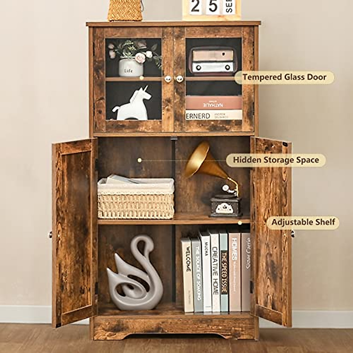 Iwell Storage Cabinet, Bathroom Cabinet with 4 Doors and Adjustable Shelf, Floor Cabinet for Living Room, Bedroom, Home Office, Rustic Brown