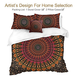 Sleepwish 4pcs Bohemian Duvet Cover Set Full Size for Kids Boys Girls Soft Paisley Black Orange Mandala Bedding Set, 1 Duvet Cover 2 Pillowcases 1 Cushion Cover
