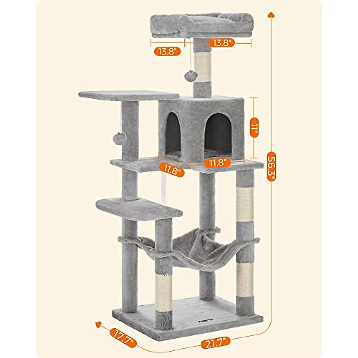Feandrea Cat Tree, Cat Tower, Cat Condo with Scratching Posts, Hammock, Plush Perch, Cat Activity Center, Light Gray UPCT161W01