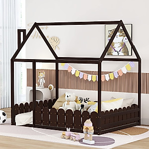 MERITLINE Full Size House Bed with Fence, Wooden Kids Montessori Beds with Roof, Playhouse Bed Frame for Toddlers Girls Boys Teens (Espresso)