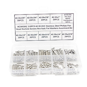 MCMASKE 310PCS #2-56 UNC Stainless Steel Phillips Pan Head Machine Screws Hex Nuts Flat Washers Assortment Kit