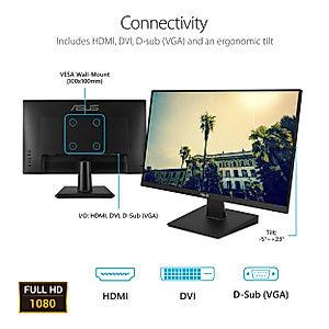 ASUS VA24EHE 23.8 Monitor, 1080P, Full HD, IPS, 75Hz, HDMI D-Sub DVI-D, Adaptive-Sync / FreeSync, VESA wall mountable, Eye Care, Flicker-free and Low Blue Light (Renewed)