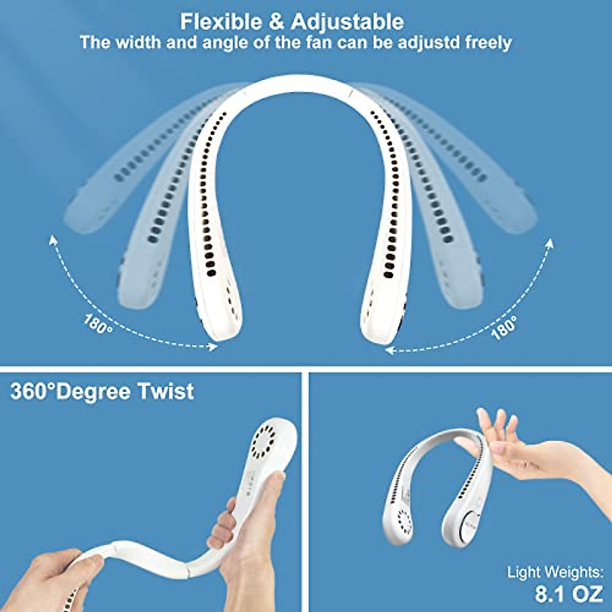 CL FUN Neck Fans Portable Rechargeable, Portable Bladeless Neck Fan for Women Men, Personal Fans for Your Neck, Battery Operated Fan Blow Cold Air, 3 Speeds Ultra-Quiet Wearable Fan for Outdoor Indoor