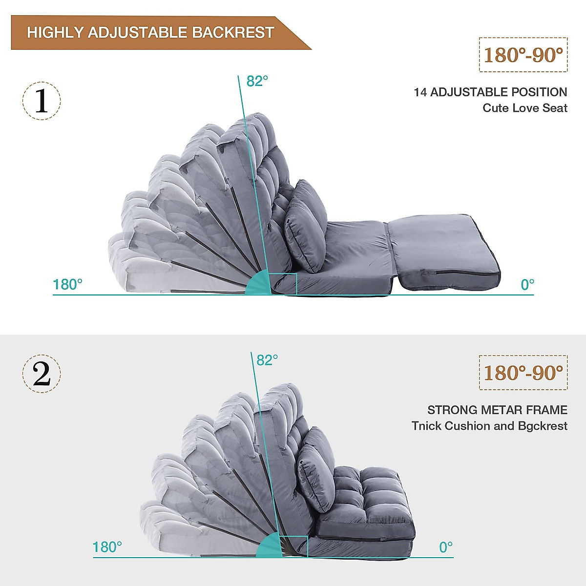 Urnodel Adjustable Floor Sofa Couch with 2 Pillows Foldable Lazy Sofa Sleeper Bed Multi-Functional Floor Loveseat for Reading Gaming 8823S2 (Grey)