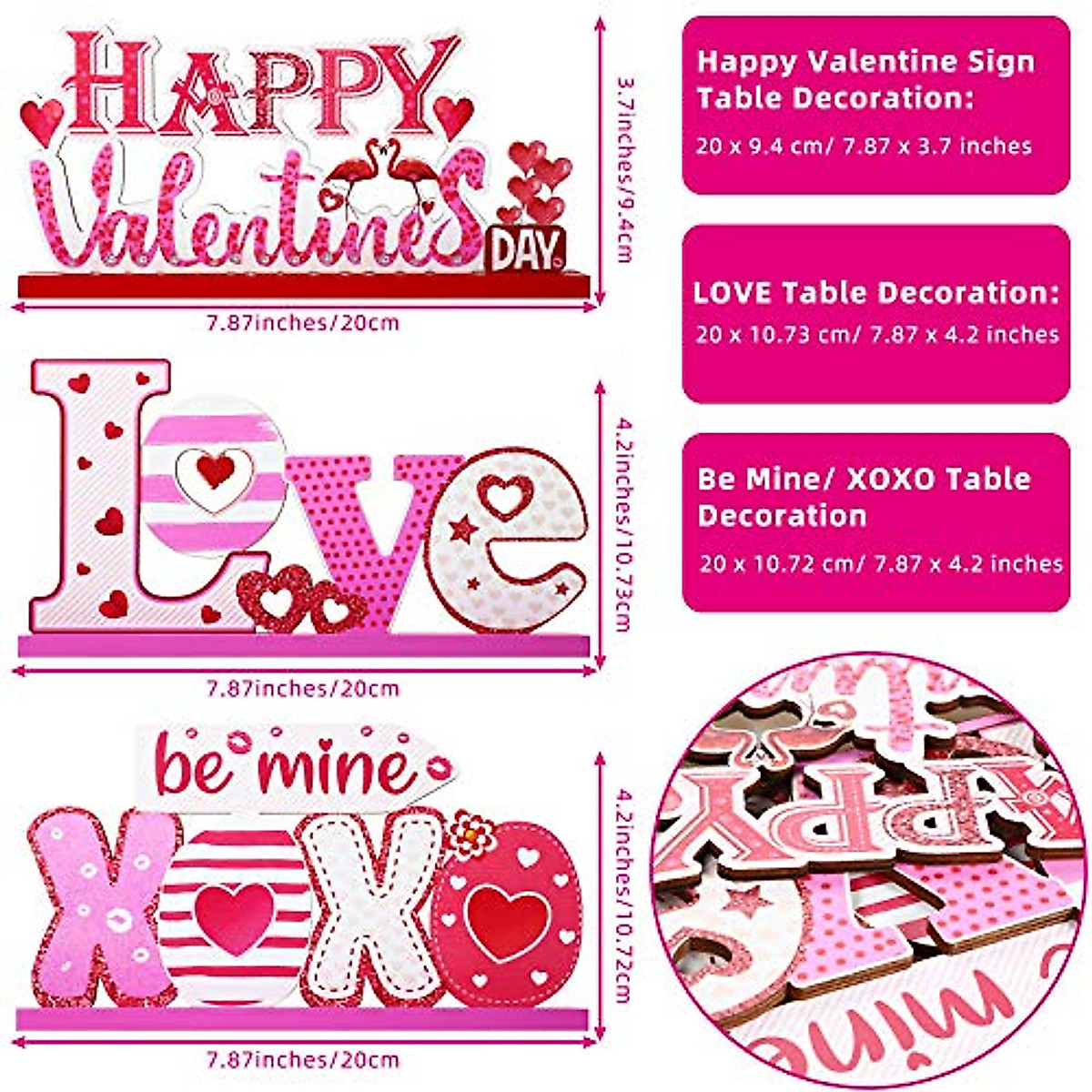 3 Valentine's Table Decoration Signs Be Mine Sign Love Happy Valentine Table Centerpiece Flamingo Wooden Party Decorations for Holiday Valentine's Dinner Party Coffee