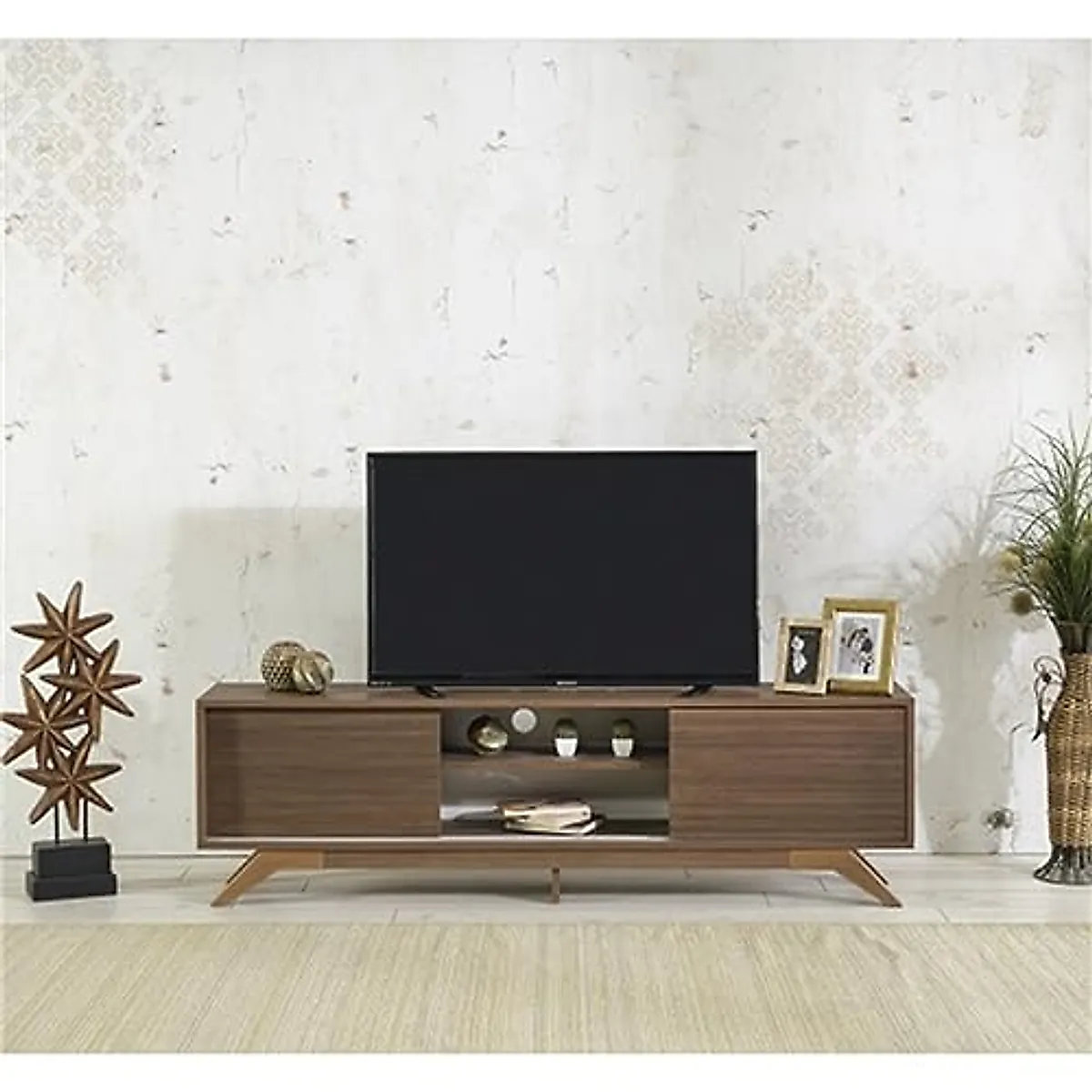 Natural Wood TV Stand Entertainment Center Mid Century Modern Console Table for Living Room Bedroom with 2 Sliding Door Cabinet 2 Shelves 67 inch Tv Unit, Walnut,Brown