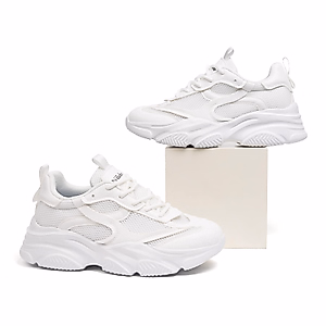 Niluber Women's Chunky Platform Sneakers-Slip On Breathable Running Shoes-Lightweight Glitter Rhinestone White Black Sneakers(White,6)