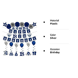 Blue Silver 18th Birthday Banner Decorations Kit for Boys, 26pcs Eighteen Birthday Banner Party Supplies, 18 Years Old Birthday Brackdrop Decor
