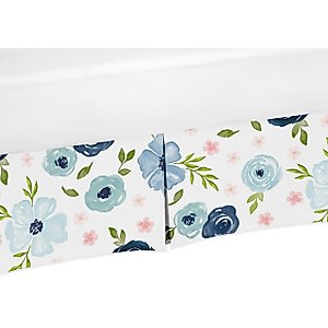 Sweet Jojo Designs Navy Blue and Pink Watercolor Floral Girl Pleated Baby Nursery Crib Bed Skirt Dust Ruffle - Blush, Green and White Shabby Chic Rose Flower