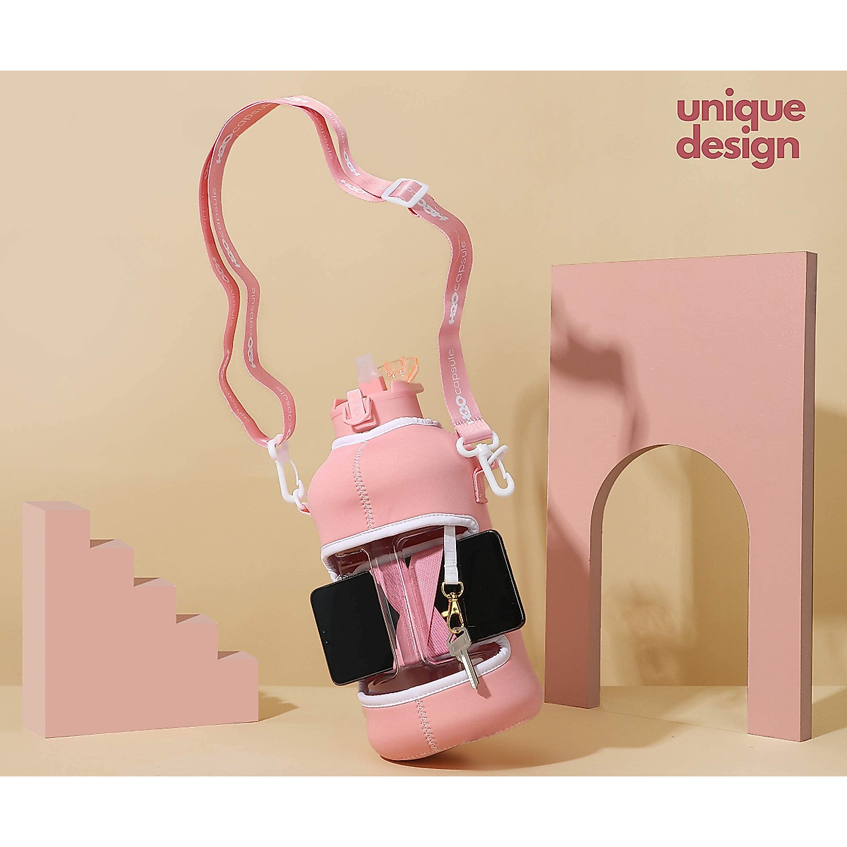 H2O Capsule 2.2L Half Gallon Water Bottle with Storage Sleeve and Covered Straw Lid – BPA Free Large Reusable Drink Container with Handle - Big Sports Jug, 2.2 Liter (74 Ounce) Rose Quartz