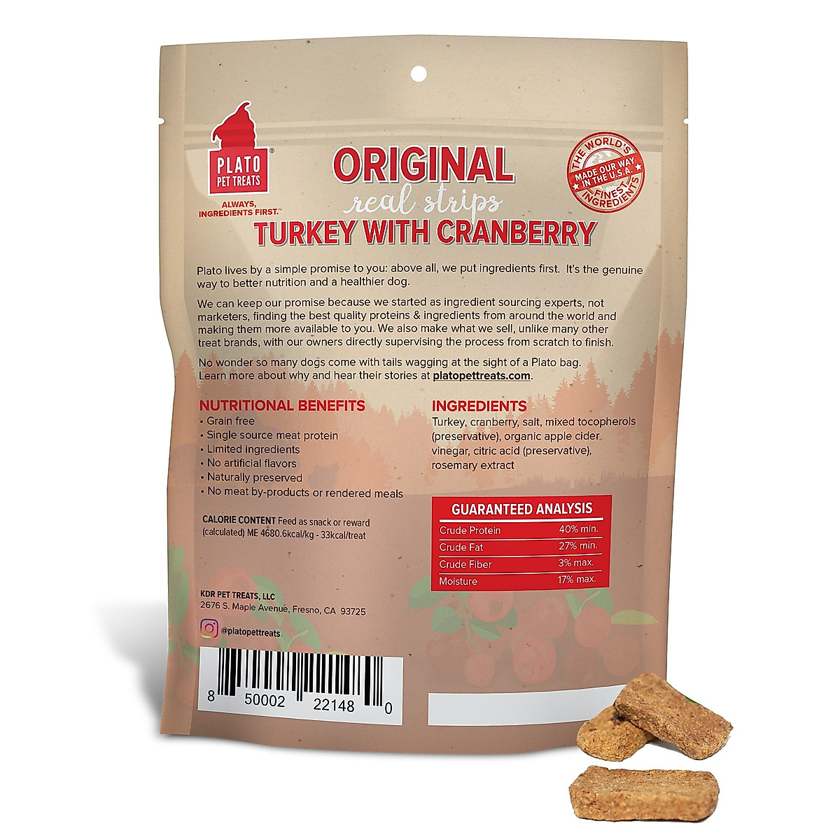 PLATO Turkey Real Strips Natural Dog Treats - Real Meat - Air Dried - Made in the USA - Turkey & Cranberry, 18 ounces